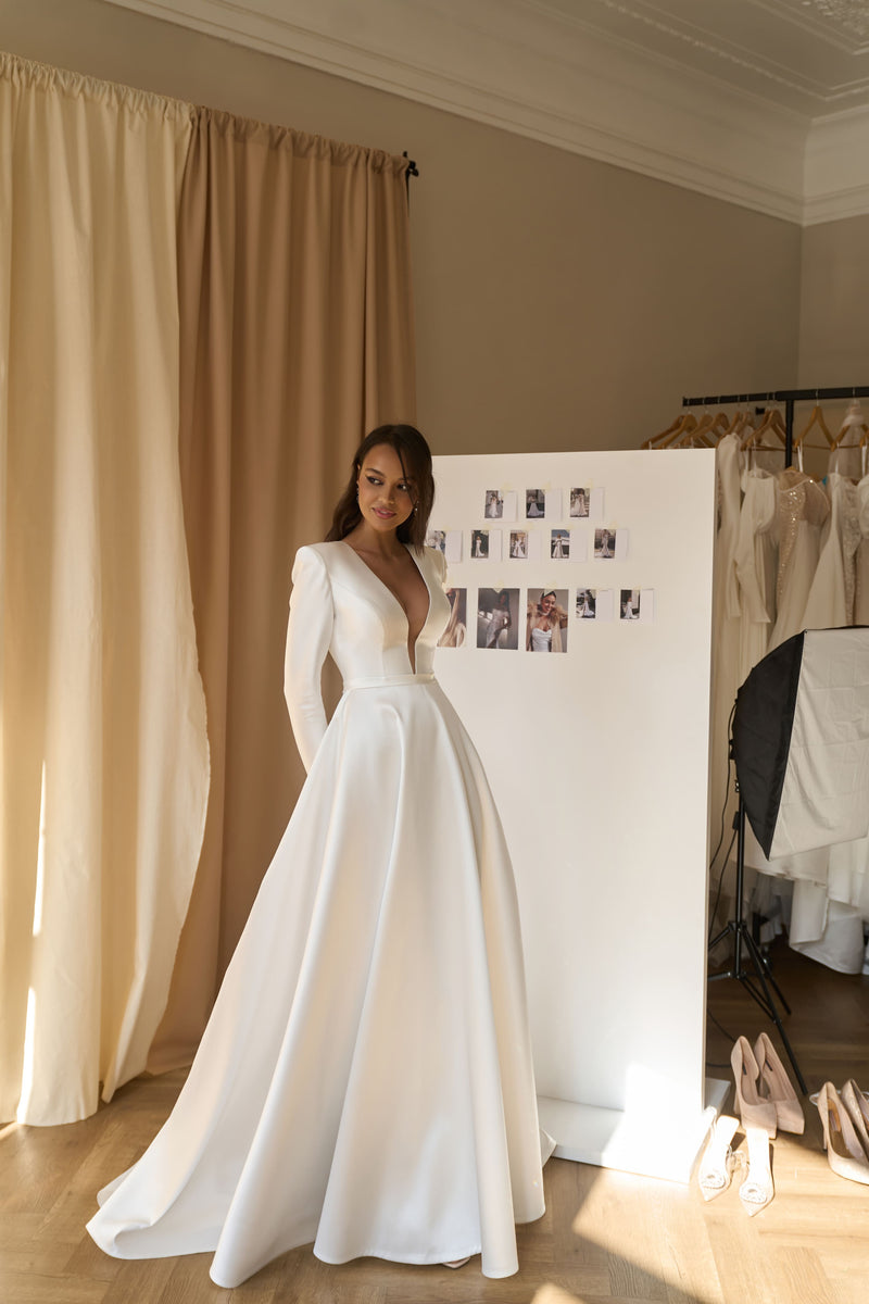 V-neck A-Line Wedding Dress with Long Sleeves Sonya Soley Jacqueline ...