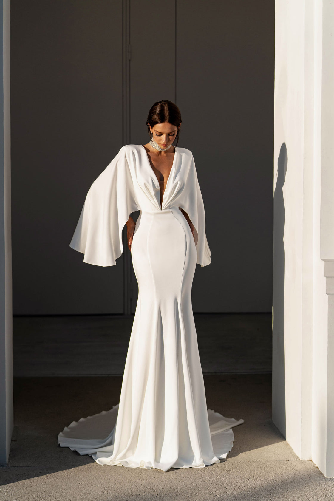 Gorgeous Crepe Wedding Dress with Voluminous Kimono Sleeves Sonesta Ne ...