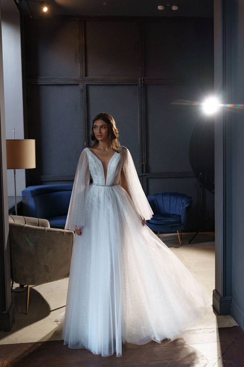 A-line V-neck Wedding Dress with Voluminous Wings Sonya Soley Eve ...