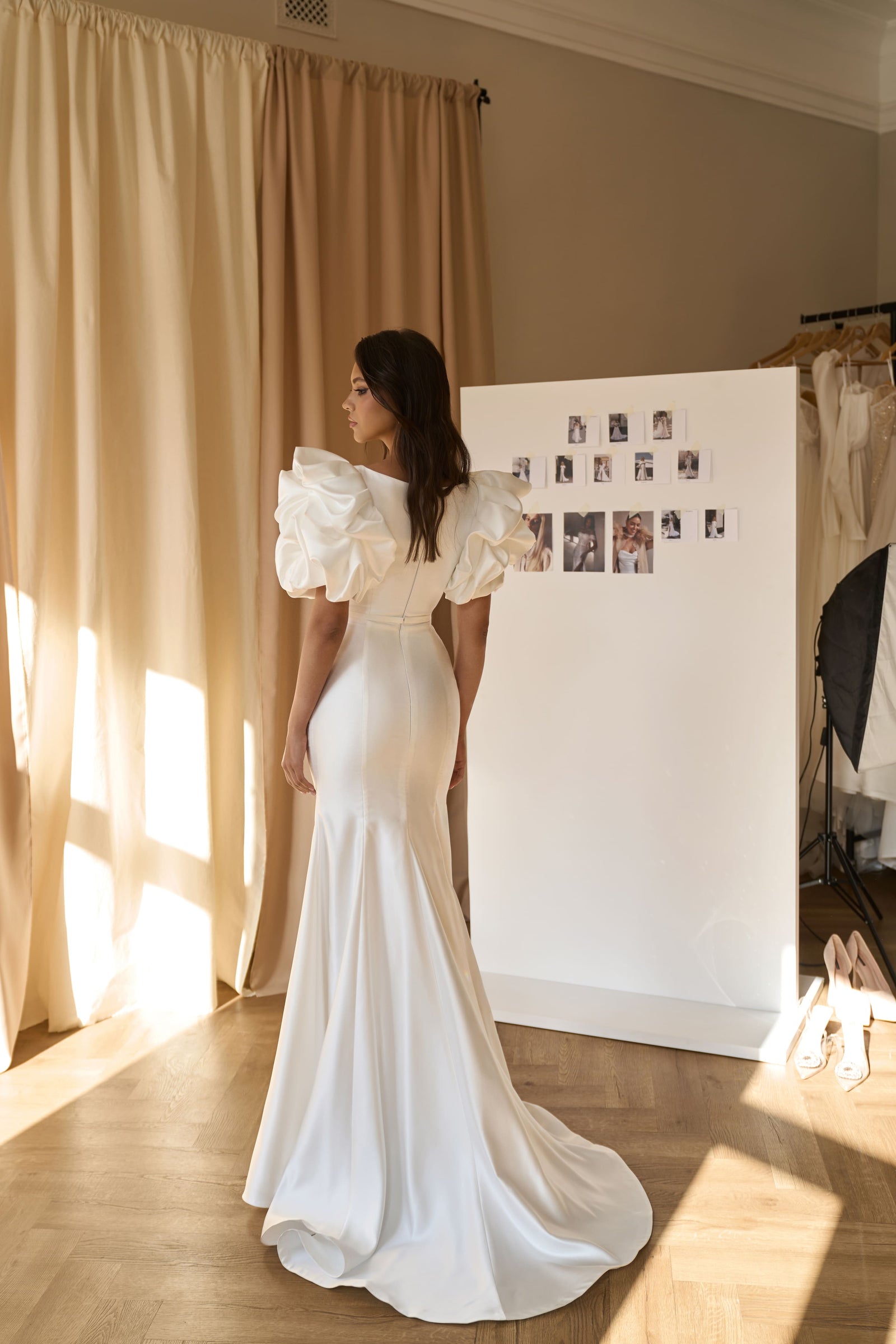 Satin Form-Fit Wedding Gown with Voluminous Sleeves Sonya Soley Delphi ...